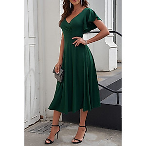 PRETTYGARDEN Women's Summer Midi Dress Ruffle Cap Sleeve V Neck Cocktail Party Swing A Line Fit and Flared Dresses (Dark Green,X-Large)