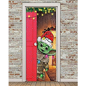 Funny Christmas Door Cover Cute Baby Yo-da Christmas Door Sign Banner Star Funny Wars Merry Christmas Door Decoration Santa Yo-da Christmas Backdrop for Door Wall Window 6.6 x 3 ft