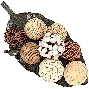 idyllic Decorative Balls for Bowls Natural Wicker 3 Inches Rattan Woven Twig Orbs, String and Cotton Balls Spherical Vase Fillers for Centerpieces - Bag of 8 Brown and White
