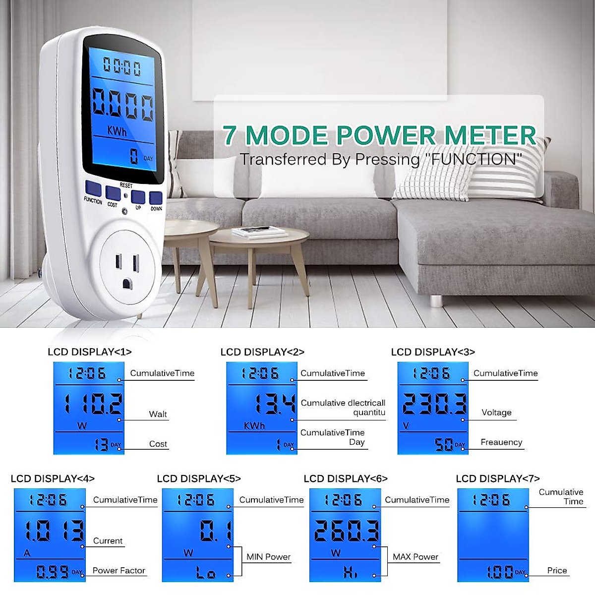 Power Meter Plug, Power Consumption Monitor Electricity Usage Monitor Analyzer Home Energy Consumption Analyzer with Digital LCD Display, Overload and 7 Display Modes for Energy