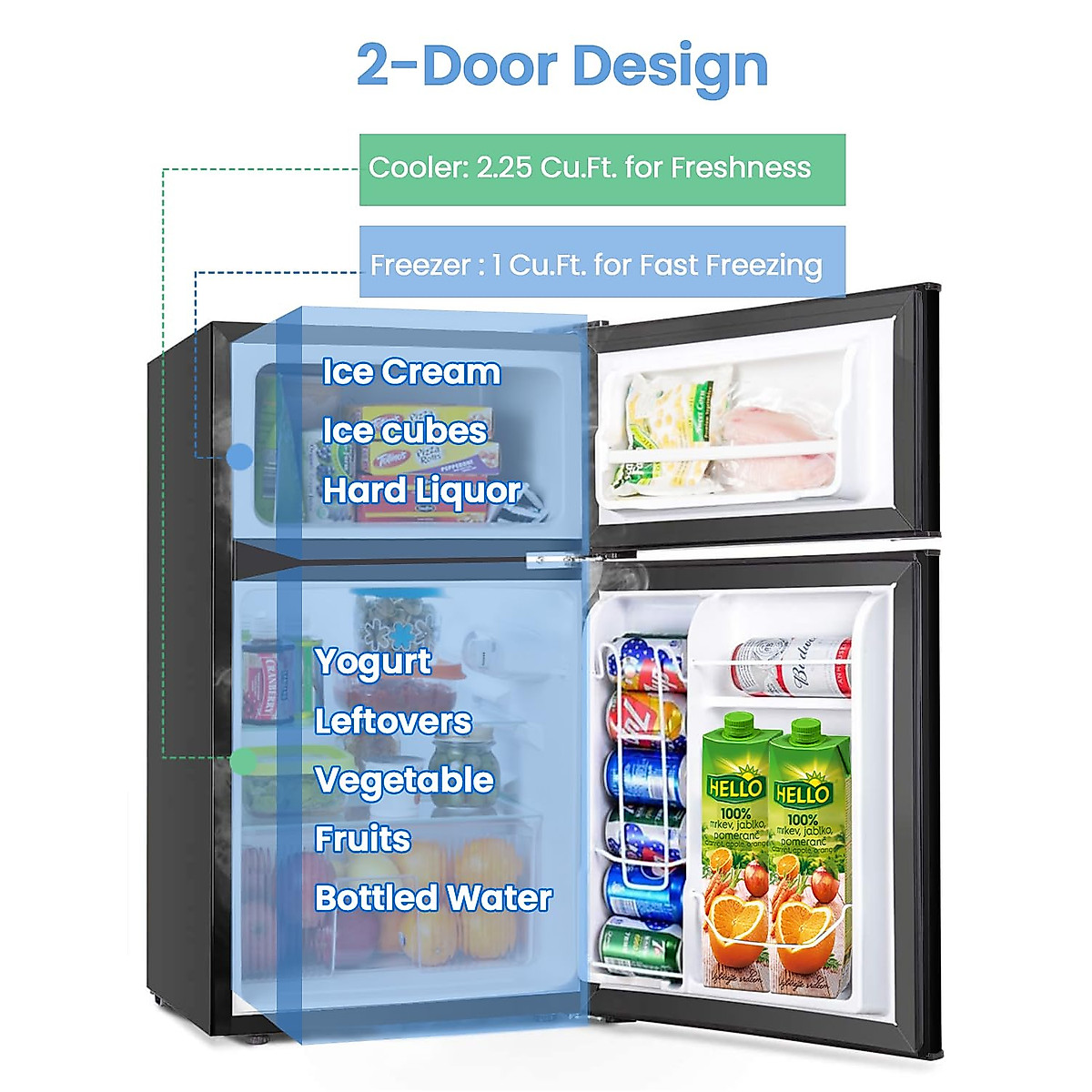 NAFORT Mini Fridge with Freezer 3.2 cu ft. 2-Door Freezer Cooler Refrigerator with Reversible Door, Removable Glass Shelves&Drawer, Mechanical Control, Recessed Handle for Dorm, Office, Apartment