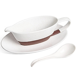 LE TAUCI 16 OZ Gravy Boat with Ladle and Saucer, Ceramic Gravy Bowl with Tray and Ladle for Christmas Dinner, Drip-Proof Lip Dispenser, Microwave and Dishwasher Safe, Brown-Red and White