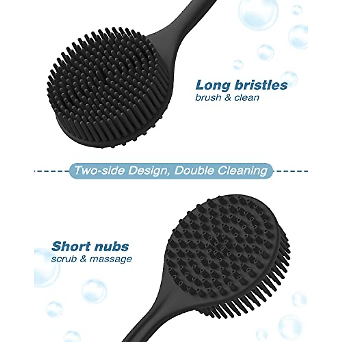 ManmiHealth Silicone Back Scrubber for Shower(Thick Bristles), Body Scrubber with 15'' Long Handle, Light & Easy-to-Hold Shower Brush for Skin Exfoliating and Massaging, Not Good in Lathering.(Black)