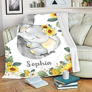 CUXWEOT Watercolor Elephant Sunflower Baby Blankets with Name Custom Baby Nursery Blanket for Boy Girl 30x40 Inches