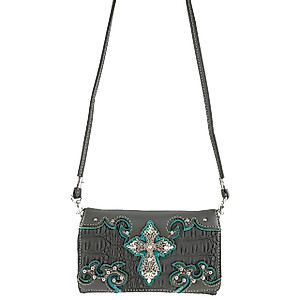 Justin West Concealed Carry Western Croc Cross Duo Color Shoulder Handbag Purse (Silver Handbag Wallet Set)