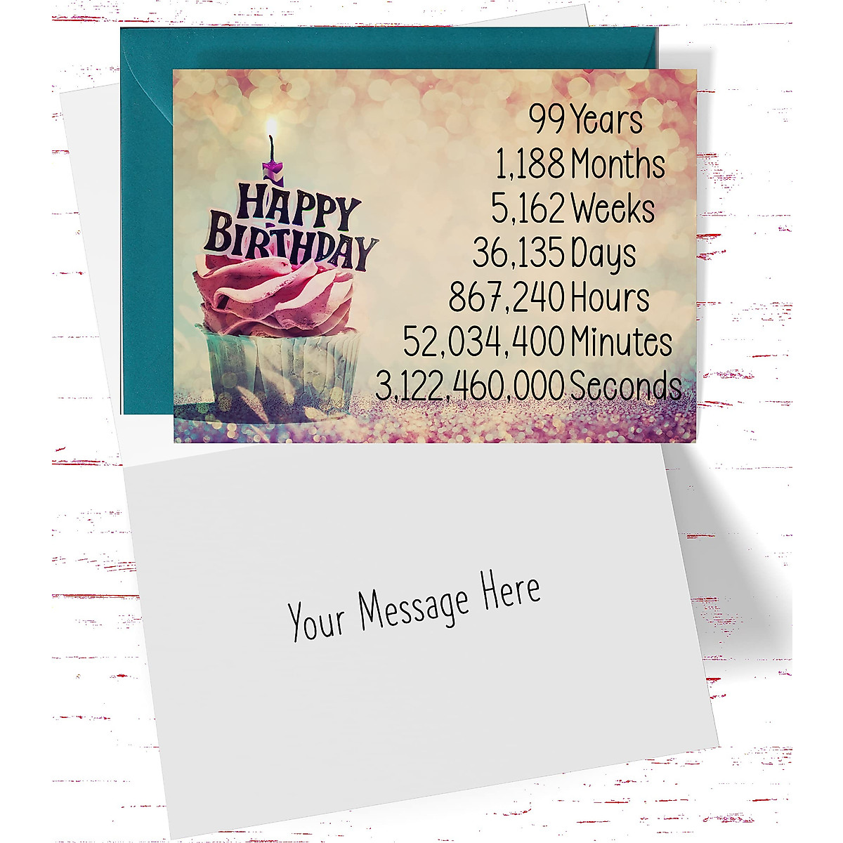 Audacious Cards 99th Birthday Card - Happy Birthday Cupcake Card Years, Months, Weeks, Days, Hours, Cute Card for 99 Year Old