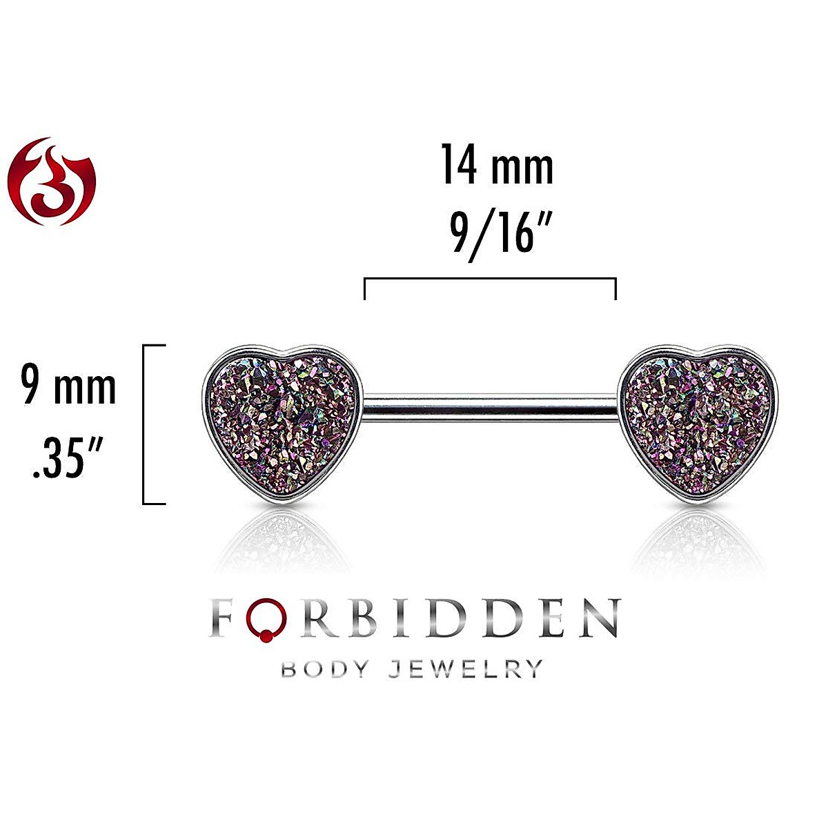 Forbidden Body Jewelry Pair of Surgical Steel 9/16 Inch (14mm) Synthetic Druzy Stone Glitter Effect Heart Nipple Barbells, Black
