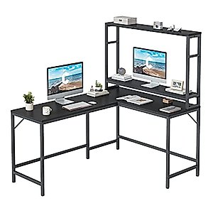 CubiCubi L Shaped Desk with Hutch, 59.1" Corner Computer Desk, Home Office Study Writing Desk Computer Workstation with Two Tier Bookshelf, Black