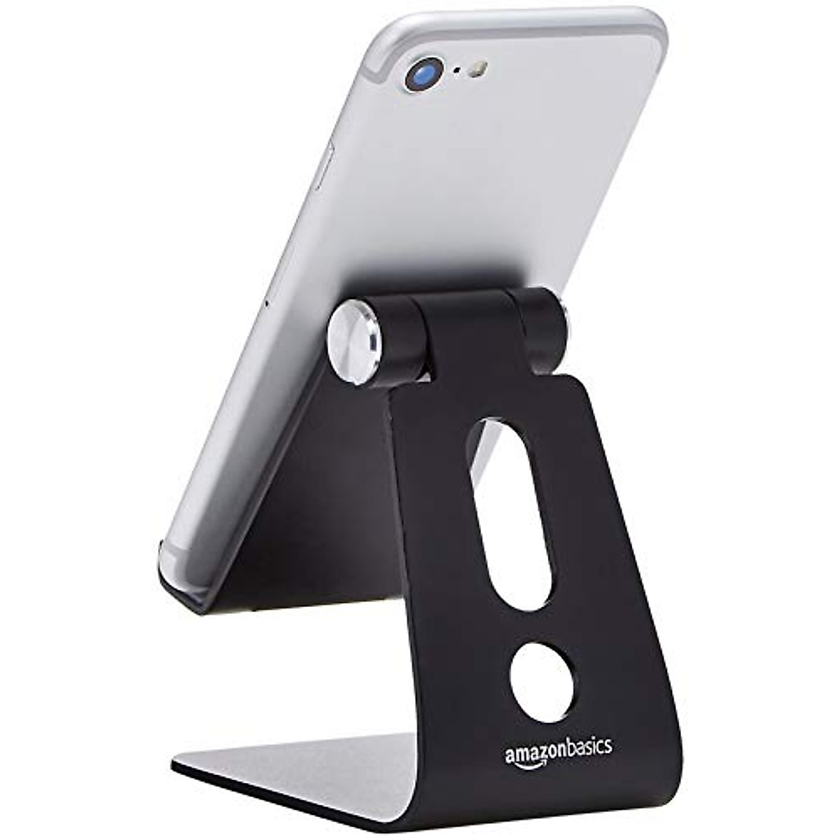 Amazon Basics Adjustable Aluminum Cell Phone Desk Stand for iPhone and Android, Black, 3.3 x 3 x 4.2 Inch (LxWxH)