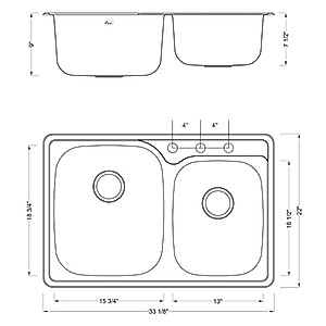CozyBlock 33 x 22 x 9 Inch 60/40 Offset Top-mount/Drop-in Stainless Steel Double Bowl Kitchen Sink with Strainer - 18 Gauge Stainless Steel-3 Faucet Hole