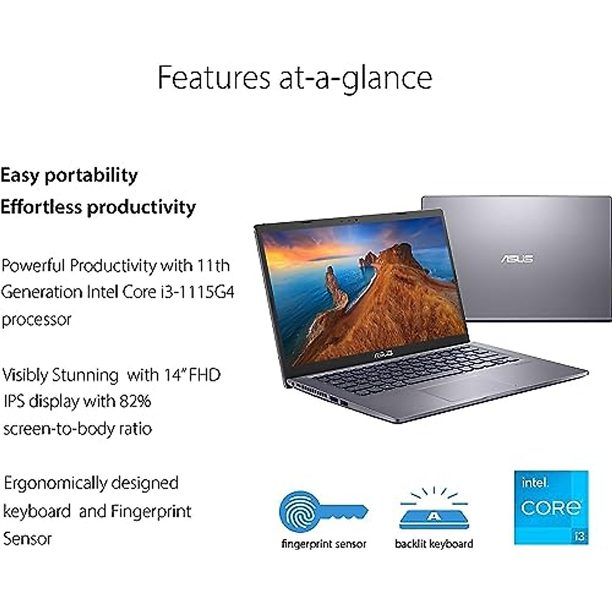 ASUS 14" VivoBook Laptop with Fingerprint Reader & Backlit Keyboard, FHD Display, Intel Core i3-1115G4, 8GB RAM, 256GB SSD, Webcam, HDMI, USB-C, Wi-Fi 5, Windows 11 Home, Grey