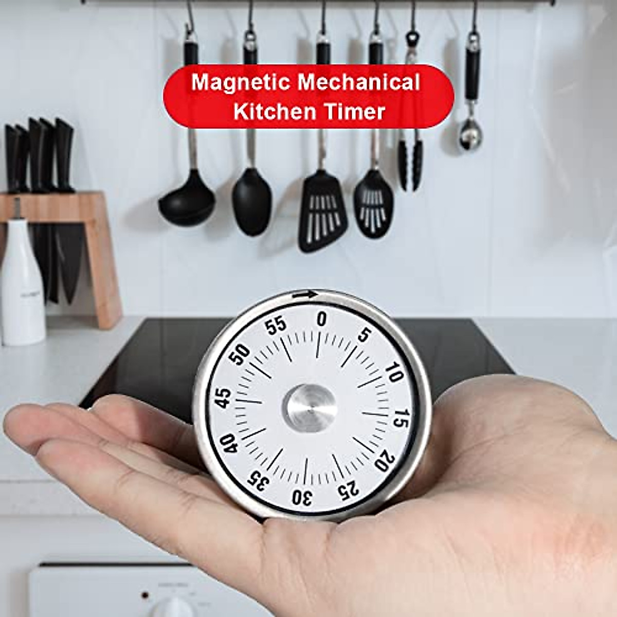 Mechanical 60-Minute Kitchen Timer with Stainless Steel Face and Magnetic Back, Visual Timer for Kids, Toddlers, Teachers, Time Management Tool for Study, Cooking, Baking