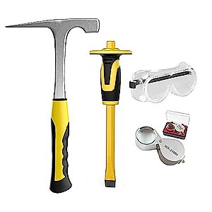 TZDTMEOS 4pcs Geology Rock Pick Hammer Kit, Geology Hammer Tools, 32oz Rock Hammer & Chisels with jewelers loupe,goggles. Tool Set for Rock Hounding, Hounding,Gold Mining & Prospecting, Stone Breaking