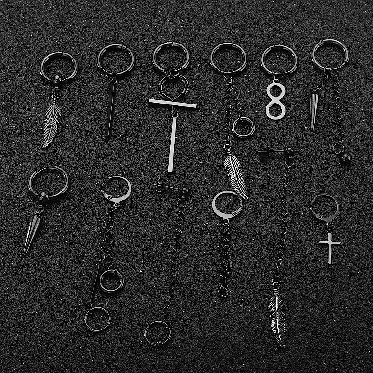 FIFATA Cross Dangle Earrings for Men 20 Pieces, Stainless Steel Stud Hinged Hoop Earrings, Long Chain Kpop Earrings for Women, Black and Silver