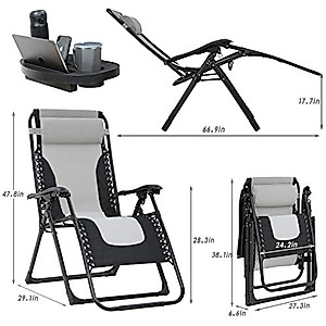 FDW Oversized Padded Zero Gravity Chair Lounge Chair Outdoor Patio Recliner with Cup Holder Adjustable Headrest for Patio Pool Deck Camping Support 380lbs (1, Grey)