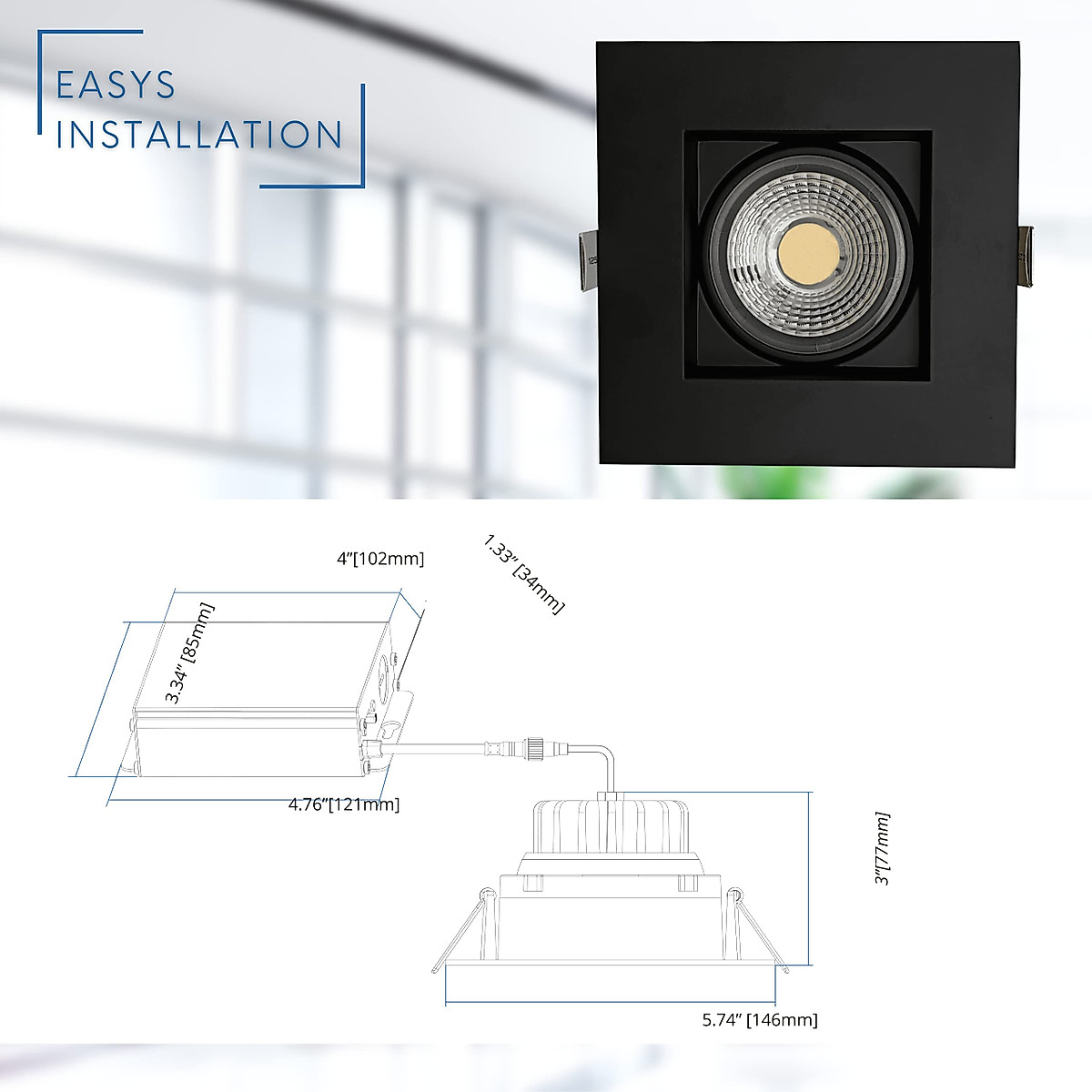 Perlglow 18 Pack 4 inch Gimbal Square Downlight Luminaire, Black Finish, LED Recessed Light Fixtures Dimmable 14W=120W, 1100 Lumens, CRI 90+, IC Rated, ETL Listed, 3CCT Selectable 3000K|4100K|5000K