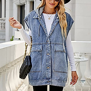 Perbai Women's Distressed Oversized Button Down Sleeveless Denim Vest with Detachable Hoodie(B HoodedBlue-S)