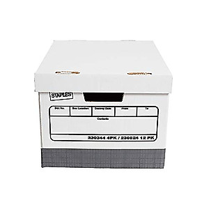 Staples Heavy-Duty Storage Boxes, Top Tab, Stacking Strength 850 lb, White/Gray, 9 3/4"H x 12"W x 15"D, 4/Ct