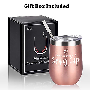Gifts for Grandma Grandma's Sippy Cup Wine Tumbler with Lid, Birthday Mother's Day Gifts for Grandma Grandmother New Best Grandma Nana, 12 Oz Insulated Stainless Steel Tumbler with Straw, Rose Gold