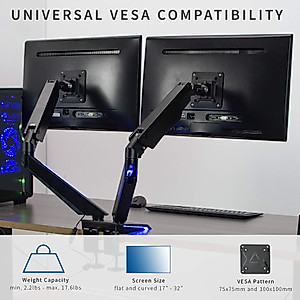 VIVO Premium Dual 17 to 32 inch Gaming Pneumatic Monitor Arms Clamp-on Desk Mount Stand with Blue LED Lights, Max VESA 100x100, Black STAND-GM2BB