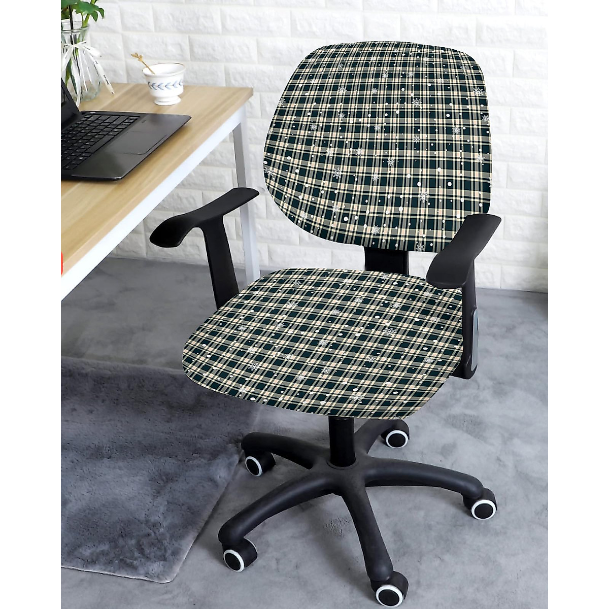 Christmas Snowflake Office Chair Cover Stretchable Computer Chair Seat Cover Backrest Slipcovers, Stretchable Rotating Desk Chair Seat Cushion Split Protectors Farmhouse Buffalo Plaid Blackish Green