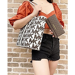 Michael Kors Jet Set Travel Medium Carryall Tote Brown Graphic MK Logo Optic White…