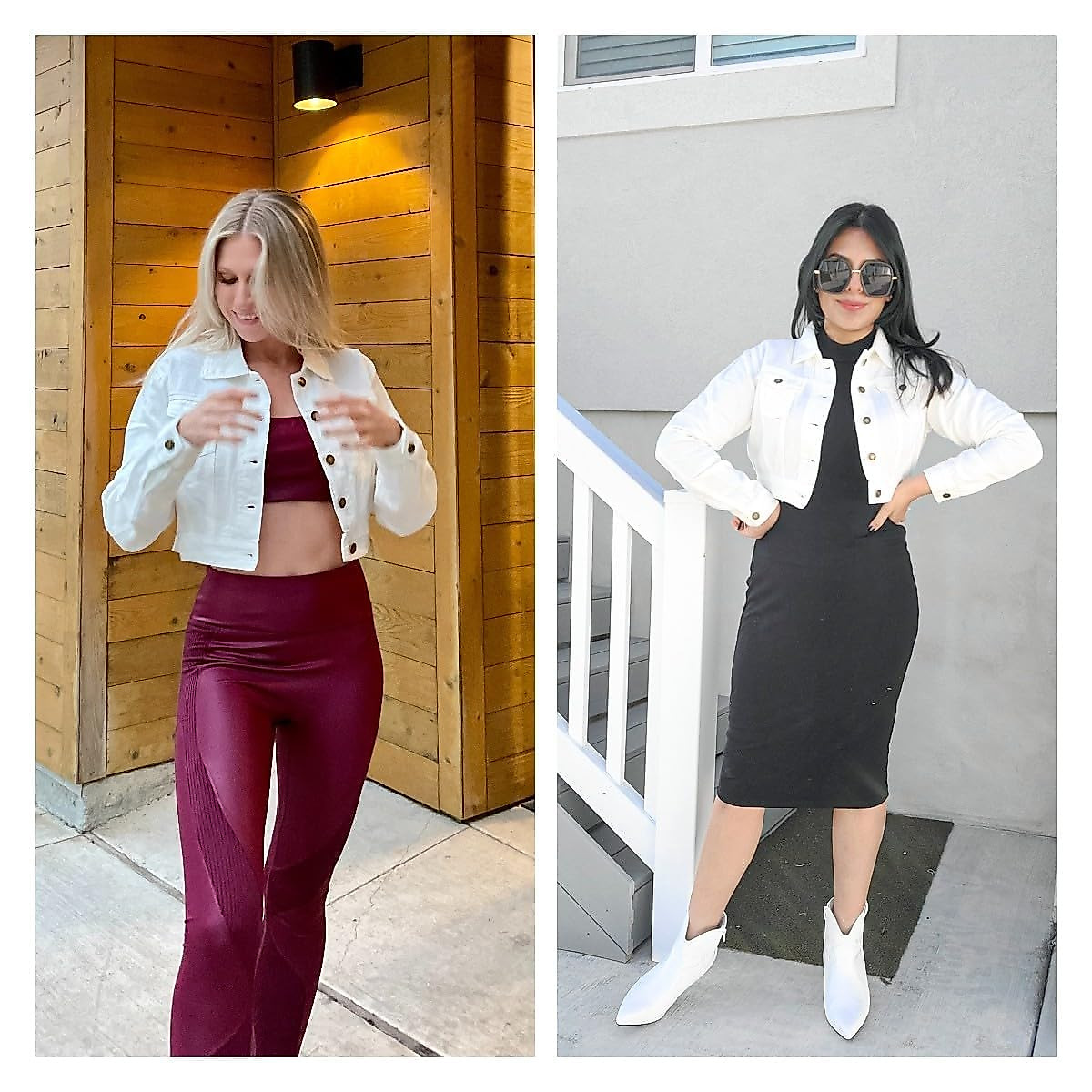 Grabsa Women's White Jean Jacket Crop Long Sleeve Button Down Denim Jackets