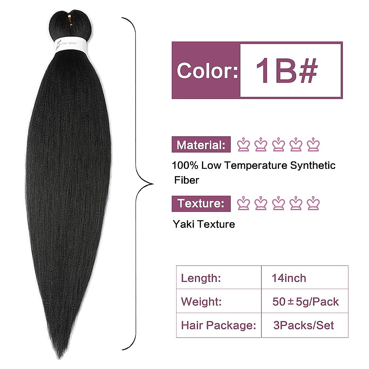 Easy Braid Pre stretched Braiding Hair 14 Inch 3 Packs Black (14 Inch,1B#)