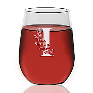 Floral Monogram ' I ' Wine Glass - Letter A-Z Engraved - Stemless Wine Glass - Gifts For Dad - Mother's Day - Gift For Mom - Gifts For Coworkers