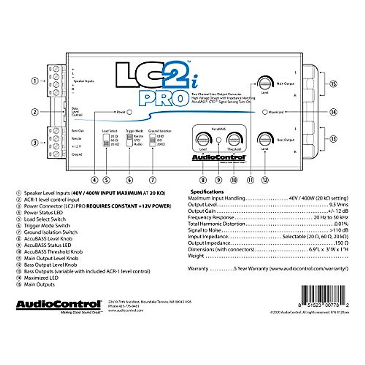 AudioControl LC2i PRO 2-Channel Line Output Converter with Impedance Matching, AccuBASS with 2-Channel Interconnect Cable
