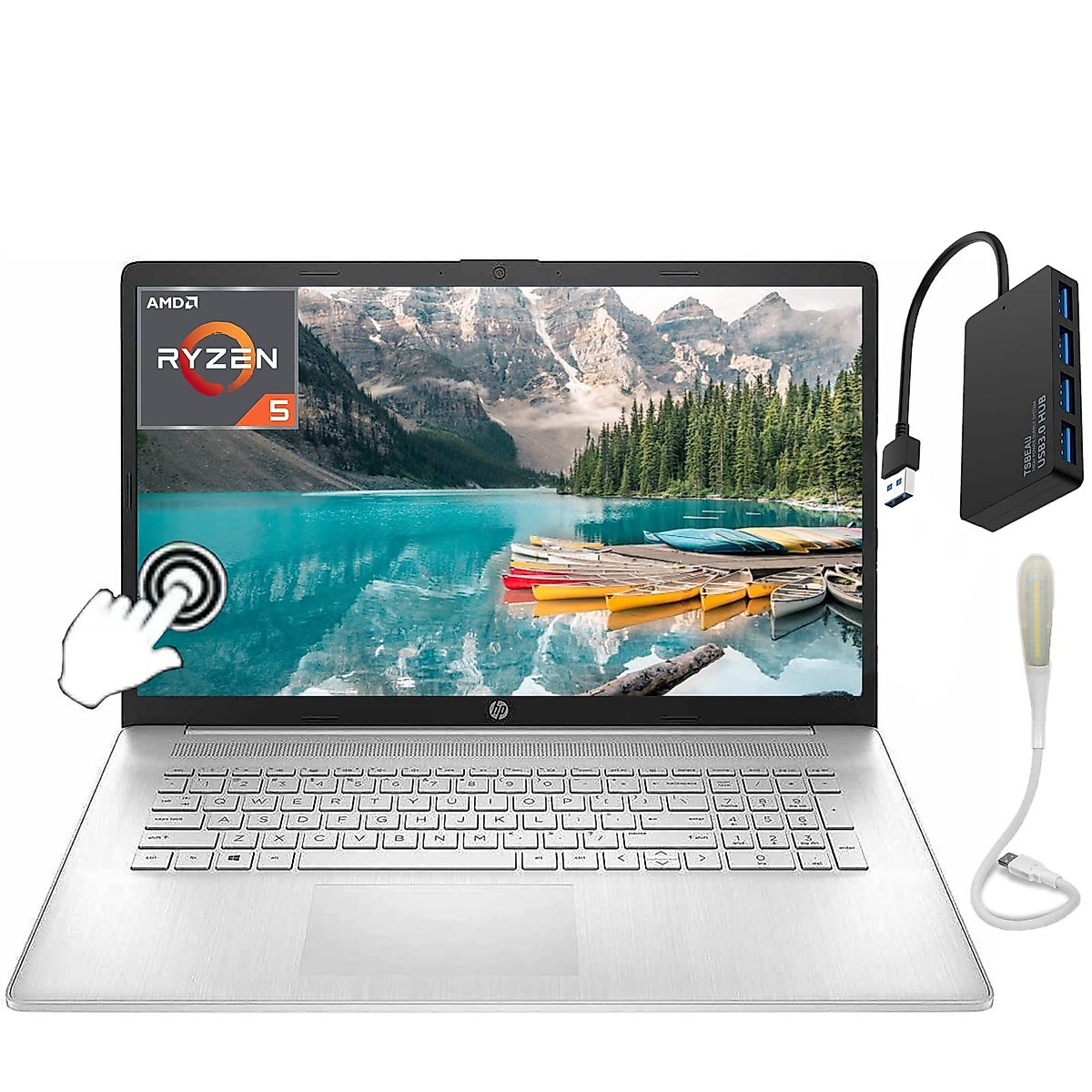 HP 17.3" Touchscreen HD+ Laptop, AMD 6-Core Ryzen 5 5500U, 16GB RAM 512GB SSD+1TB HDD, Wi-Fi, Bluetooth 5.0, Numeric Keypad, Windows 10 Home, Silver, Bundle with TSBEAU 4-Port USB Hub + USB LED Light