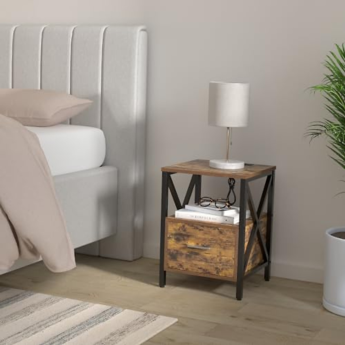 Rolanstar End Table with Wireless Charging Station, Nightstand with Power Outlet & USB Ports, Farmhouse Side Table with Drawer Storage Shelf for Living Room, Bedroom, Rustic Brown