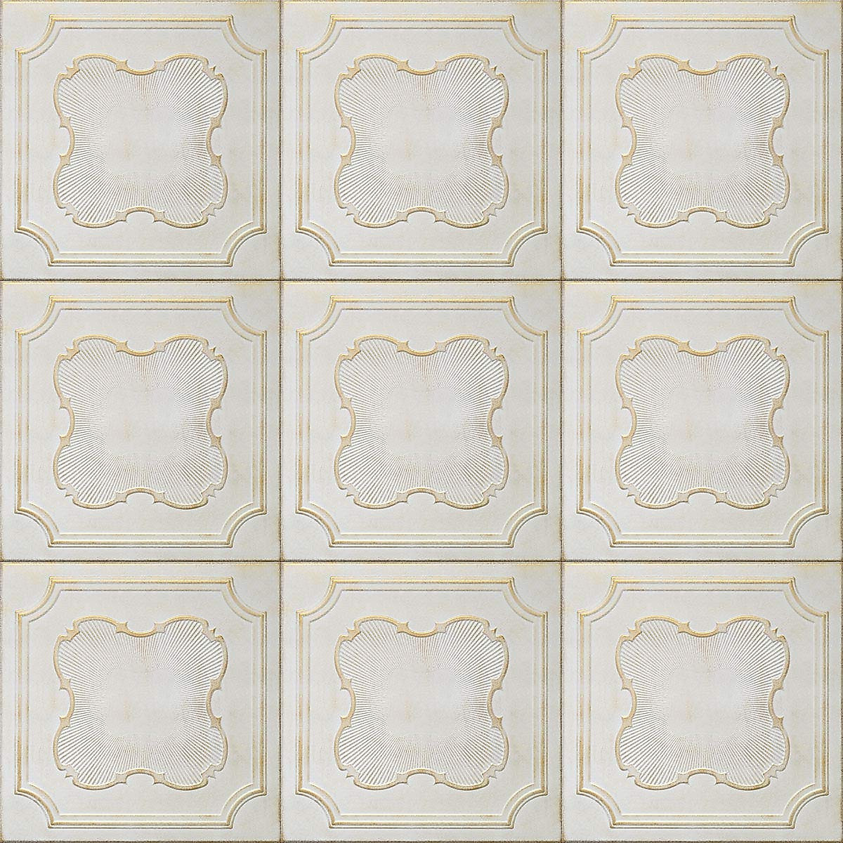 R37 White Satin Washed Gold 20x20 Amazing Styrofoam Tin Look Ceiling Tiles Easy to Glue Up On Any Type of Surface