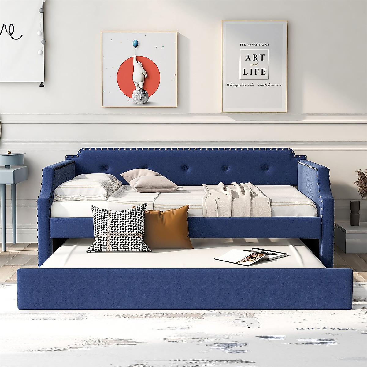 Harper & Bright Designs Twin Size Upholstered Daybed with Trundle, Upholstered Daybed Sofa Bed Frame for Living Room Bedroom, Blue
