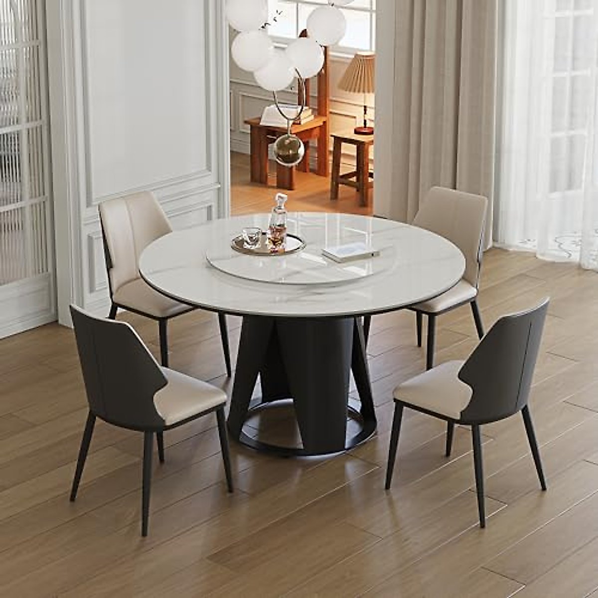 Runboll 59'' Modern Round Dining Table with Lazy Susan, Sintered Stone Dinner Table with 35.4" Round Turntable for Dining Room(Not Included Chairs)