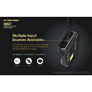 Nitecore UMS2 Intelligent USB Dual-Slot Quick Battery Charger for Li-Ion/Ni-MH/Ni-Cd/IMR 16340 14500 18650 21700 20700 AA AAA and More Batteries, with LumenTac Battery Organizer