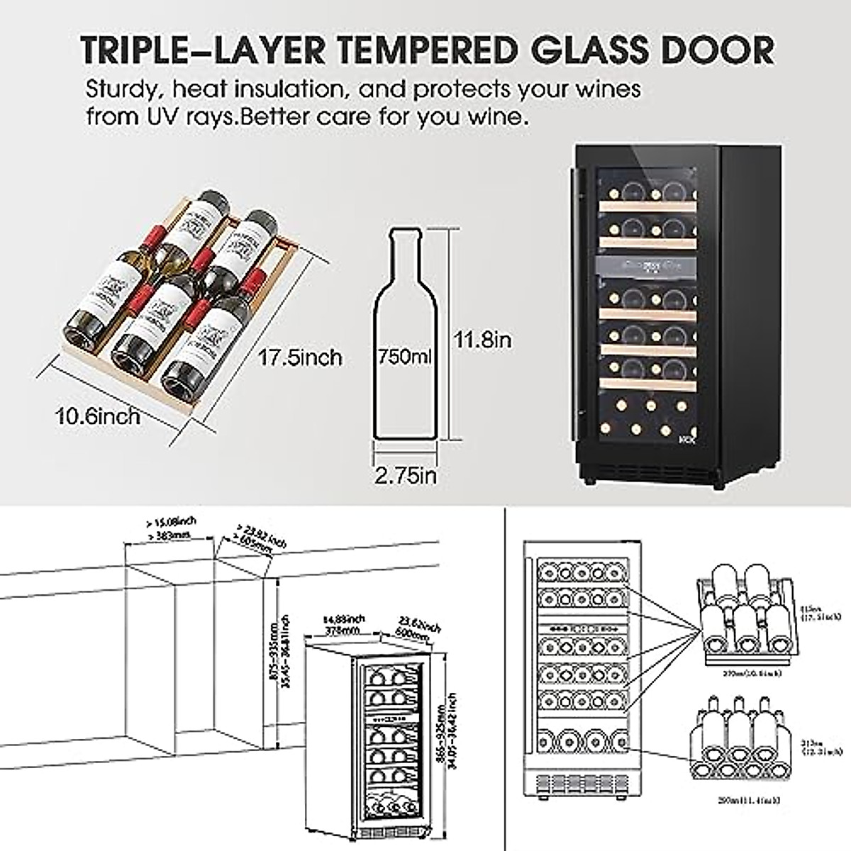 HCK Wine Fridge Dual Zone, Wine Cooler Refrigerator 15 Inch, 29 Bottle, Built-In or Freestanding Under Counter Wine Fridge with LED Light for Wine, Champagne, Home, Kitchen, Office