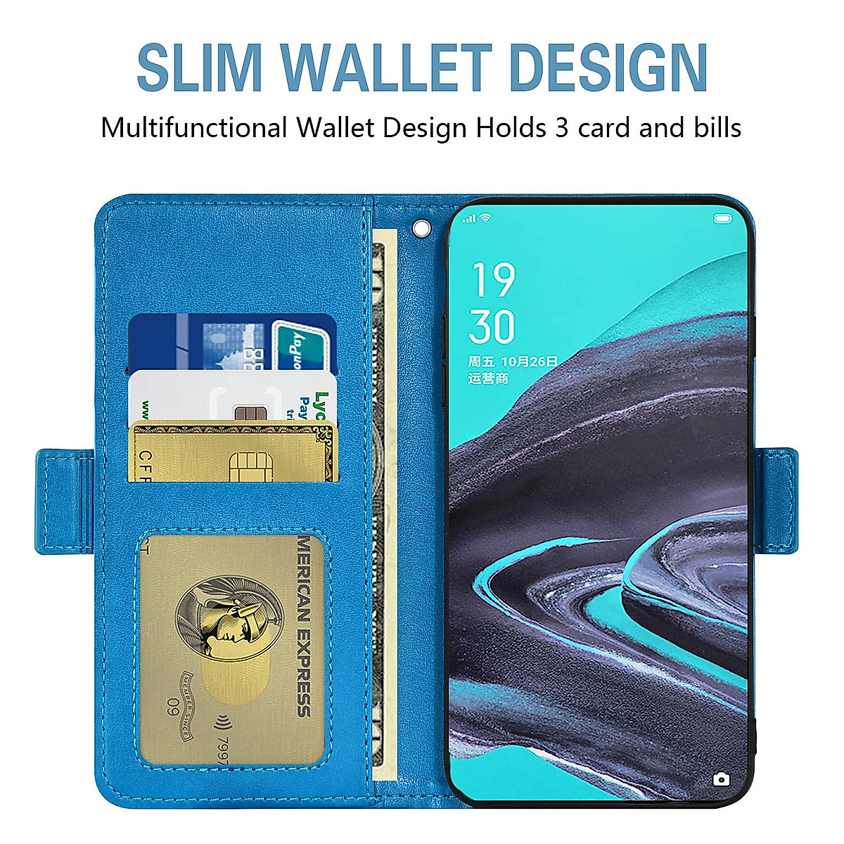 Asuwish Compatible with Oppo Reno 2 Wallet Case and Tempered Glass Screen Protector Flip Purse Accessories Wrist Strap Credit Card Holder Stand Cell Phone Cover for Reno2 2019 Women Men Blue