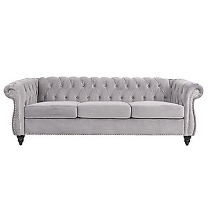 LEVNARY Three-Seat Velvet Sofa, Large Sofa Classic Tufted Chesterfield Settee Sofa Modern 3 Seater Couch Furniture with Tufted Back for Living Room, Dark Grey