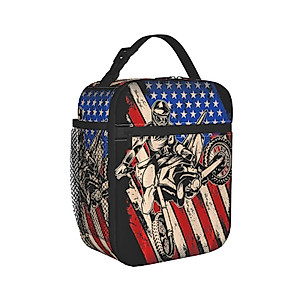 oumghxf Dirt Bike Motocross American Flag Lunch Bag Women/Men,Reusable Lunch Box For Men,Insulated Lunch Cooler Bag For Adults Kids