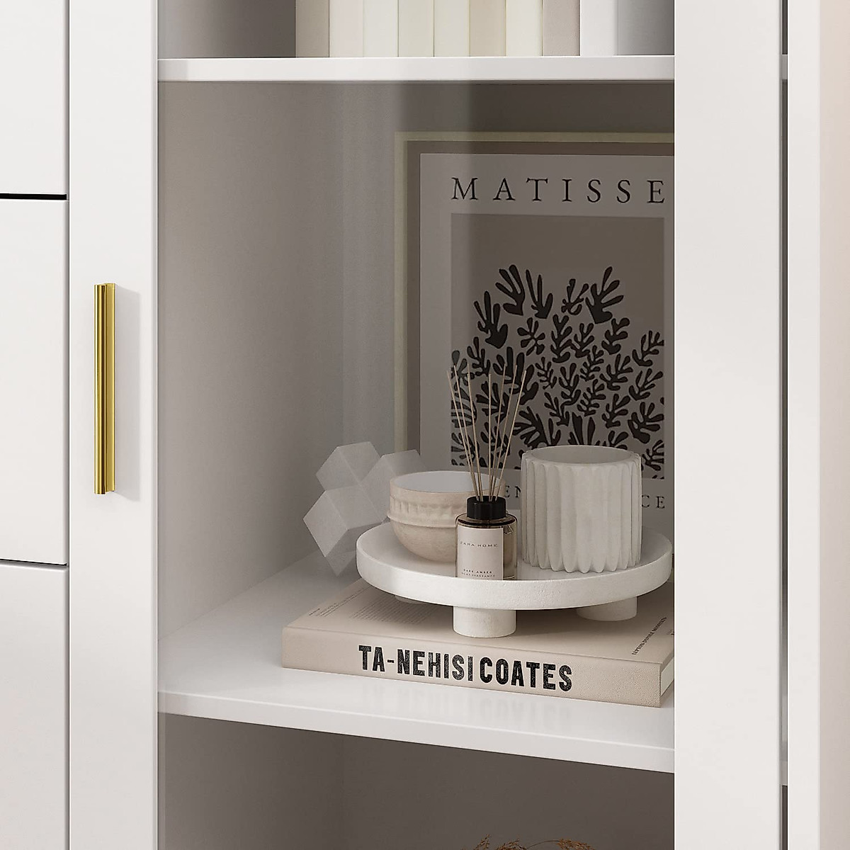 Homsee Storage Cabinet with 5 Drawers, Shelves & Glass Door, Sideboard Buffet Cabinet with Metal Legs, Modern Wood Display Cabinet for Living Room, Bedroom & Hallway, White (31.5”W x 15.7”D x 47.2”H)