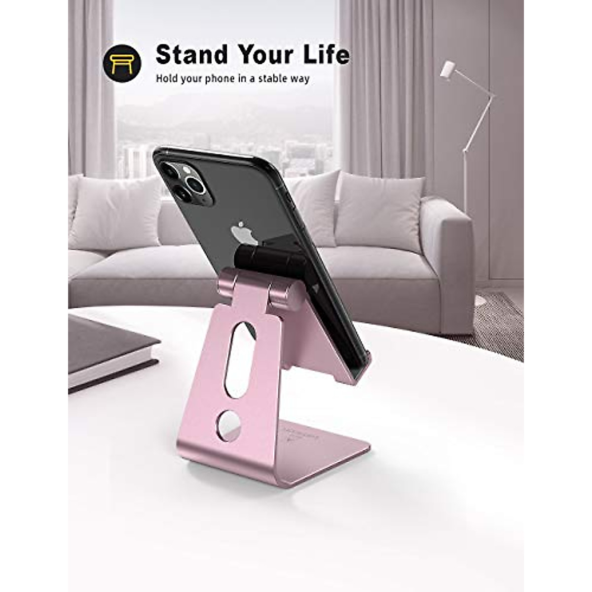 Adjustable Cell Phone Stand - Lamicall Phone Desk Holder, Cradle, Dock, Compatible with iPhone 12 Mini 11 Pro Xs Max XR X 8 7 6 Plus SE Charging, Desktop Accessories - Rose Gold