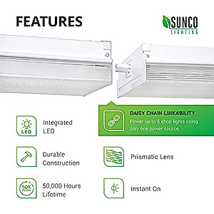 Sunco 8.5" Wraparound Garage LED Shop Light 4FT 6000K Daylight Deluxe, 60W, 7200 LM, Integrated LED, Prismatic Lens, Hardwired, Linkable, Flush Mount Ceiling Light Fixture - ETL 4 Pack
