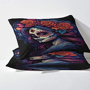 Day of The Dead Sheets Full Size, Skeleton Bed Sheets, Patterned Bedding Sheets & Pillowcases 4 Piece Set - Soft Microfiber Deep Pocket Fitted Sheet & Flat Sheet & 2 Pillow Cases Z2-&-220