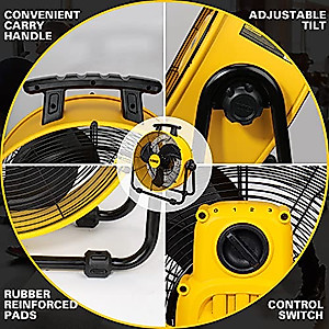 DEWALT DXF-2042 High-Velocity Industrial,Floor,Drum,Barn,Warehouse Fan Heavy Duty Mover Portable Air Circulator 3-Speed Adjustable Tilt, 20", Yellow