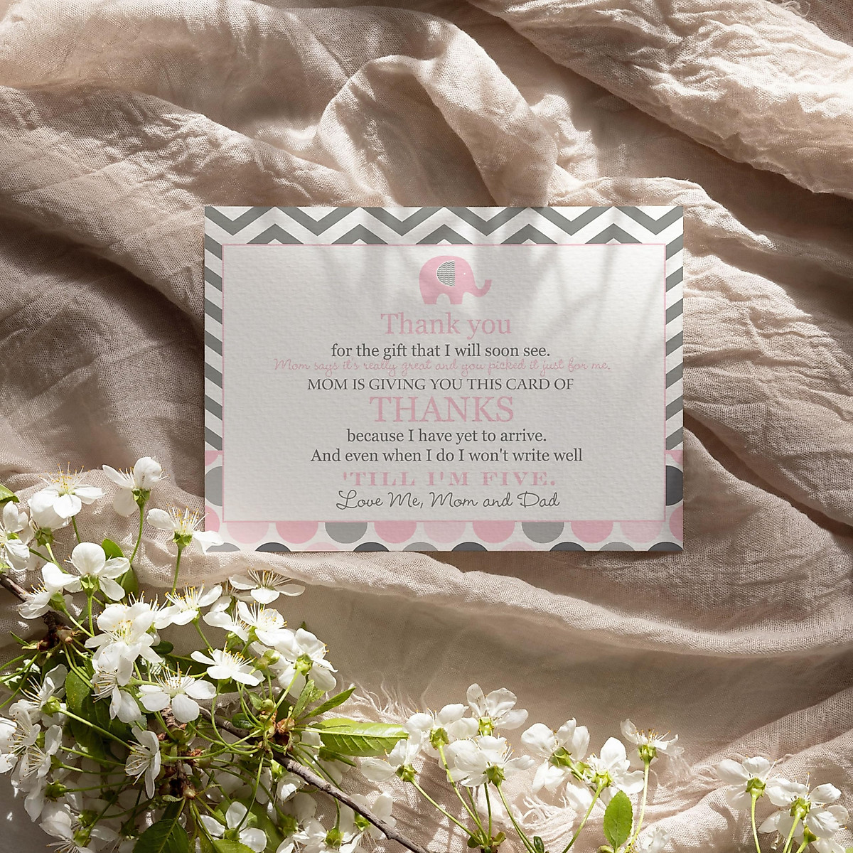 Pink Elephant Baby Thank You Cards, 15 Pack – Cute Baby Shower Notes with Envelopes Set, Prefilled Message, Customizable and Personalize Blank Stationery Royal Jungle, New Parents Gift Ideas