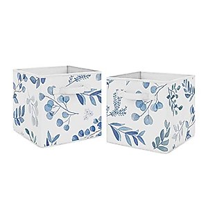 Sweet Jojo Designs Floral Leaf Foldable Fabric Storage Cube Bins Boxes Organizer Toys Kids Baby Childrens - Set of 2 - Blue Grey and White Boho Watercolor Botanical Flower Woodland Tropical Garden