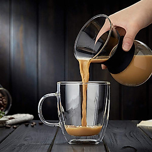 Sivaphe Double Wall Demitasse Cups With Handle 12oz Set of 2 Clear Borosilicate Glass Espresso Mugs for Latte, Cappuccino, Tea, Beverages, Ice Coffee