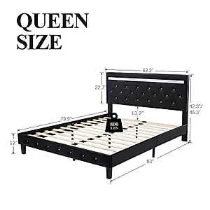 Kallabe Bed Frame Queen Size with Headboard, LED Leather Bed Frame Queen, Upholstered Platform Bed with USB Ports & Socket, APP Control, No Box Spring Needed, Black, TMY-US1015815-5
