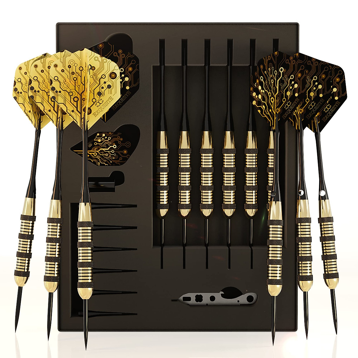 CC-Exquisite Premium Steel Tip Darts Set - Professional Darts, Brass Barrels, Metal Tip Darts, Extra Flights, (12) Aluminum Shafts 35/48, O-Rings, Dart Tool, Dart Sharpener, Darts Case